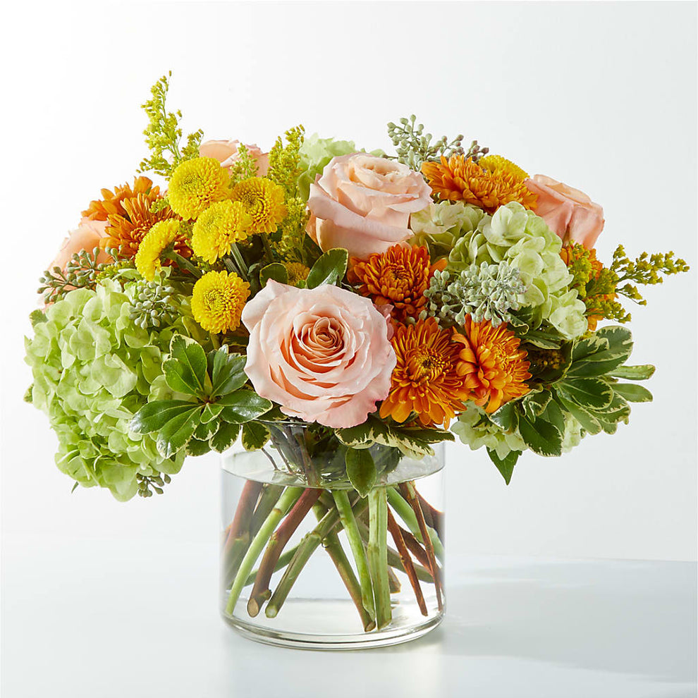Fall Foliage Bouquet – green, orange, peach, yellow flower arrangement ...